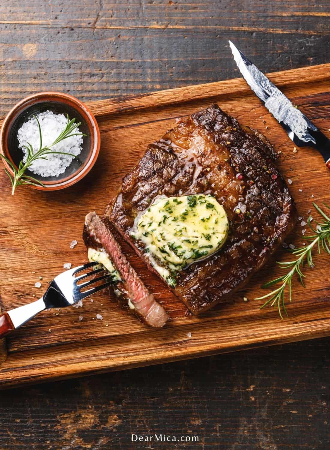 Pan Seared Ribeye Steak with Herb Butter - Dear Mica
